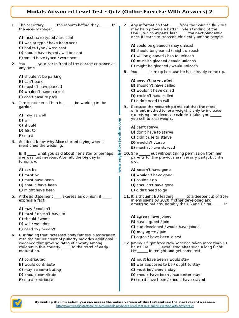 328 - Modals Advanced Level Test Quiz Online Exercise With Answers 2 | PDF