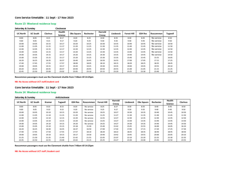 UCT Weekend Residence Loop Timetable | PDF