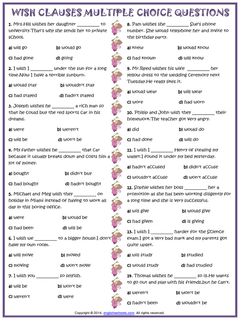 Wish Clauses Multiple Choice Esl Grammar Worksheet | PDF Wish Clauses Multiple Choice Esl Grammar Worksheet | PDF
