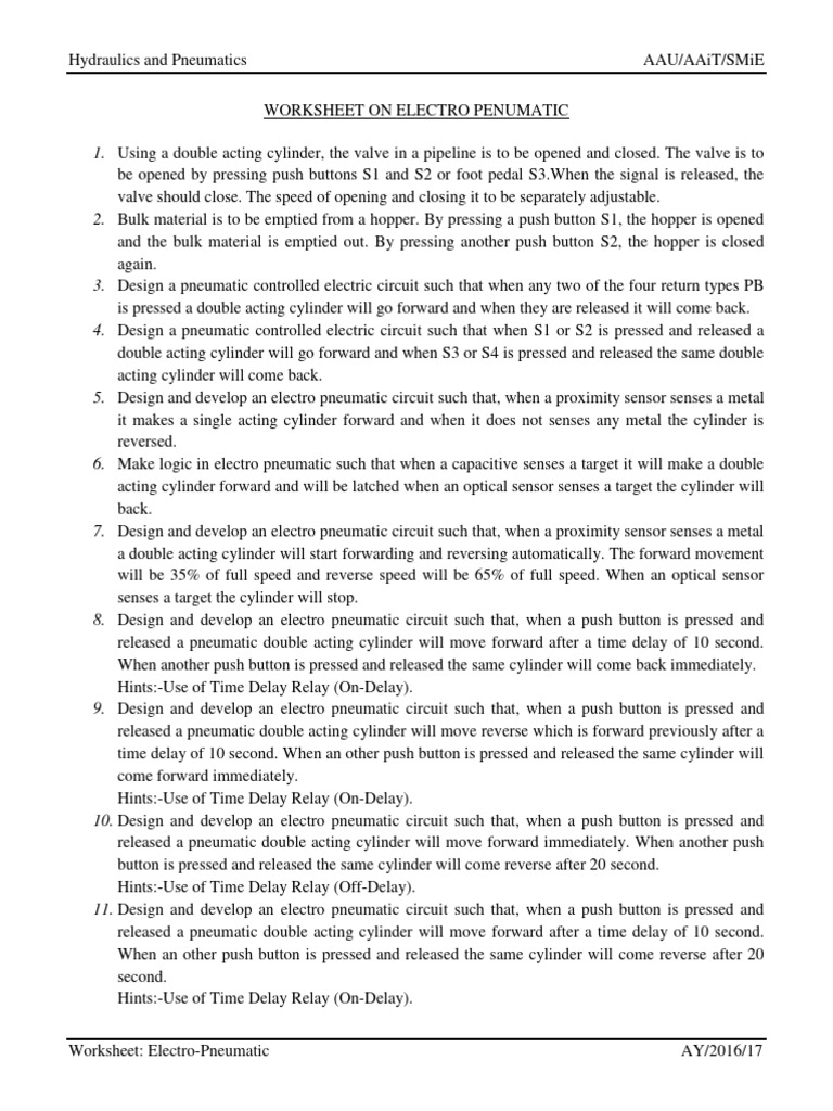 Worksheet On Electro Pneumatic | PDF | Electrical Engineering | Equipment