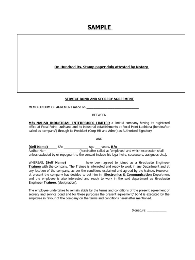Service Bond and Secrecy Agreement | PDF | Employment | Salary
