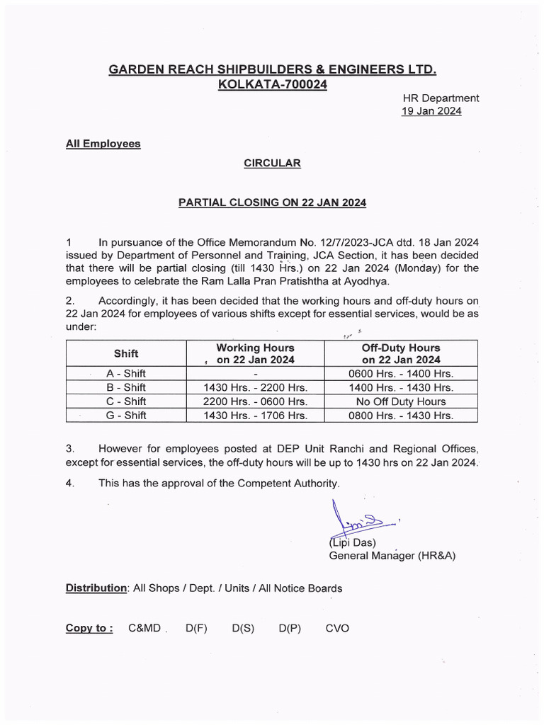 Circular Regarding Partial Closing On 22 Jan 24 | PDF