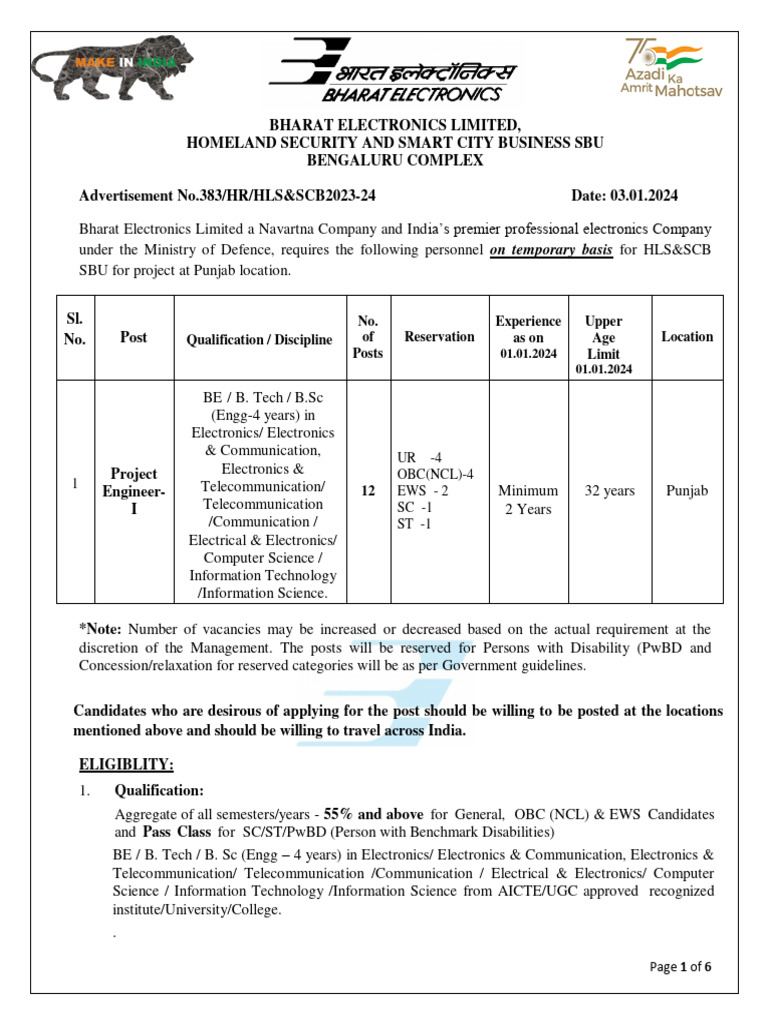 Notification BEL Various Vacancy Posts | PDF | Service Level Agreement ...