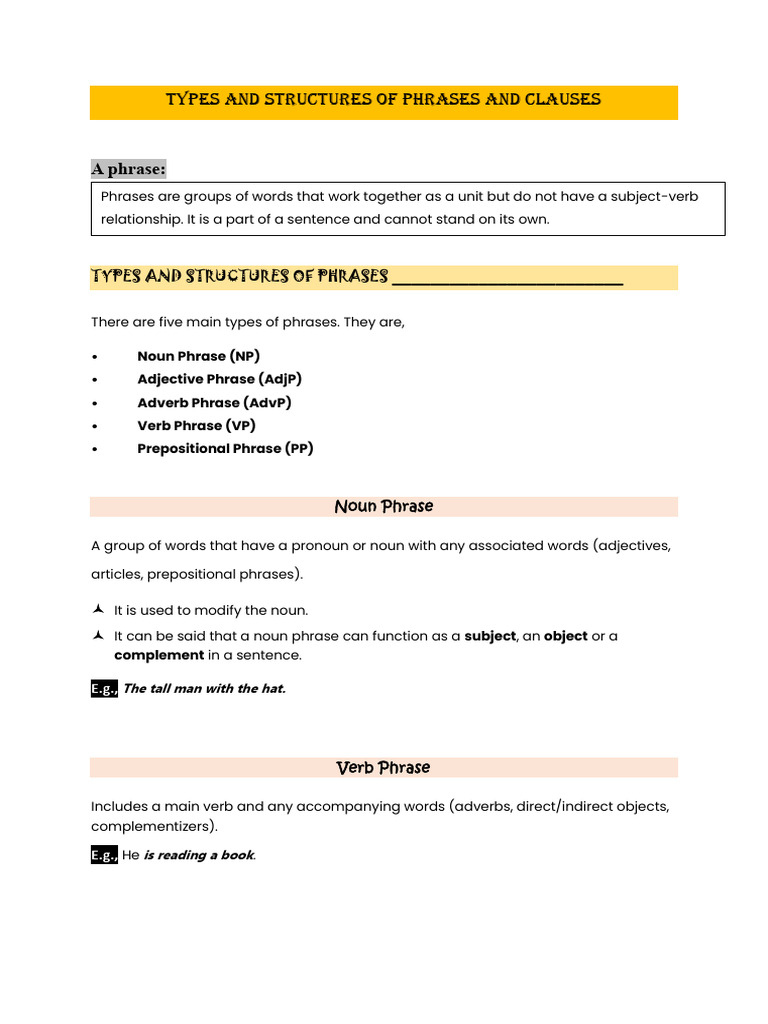 Types of Phrases and Clauses Explained | PDF | Clause | Verb