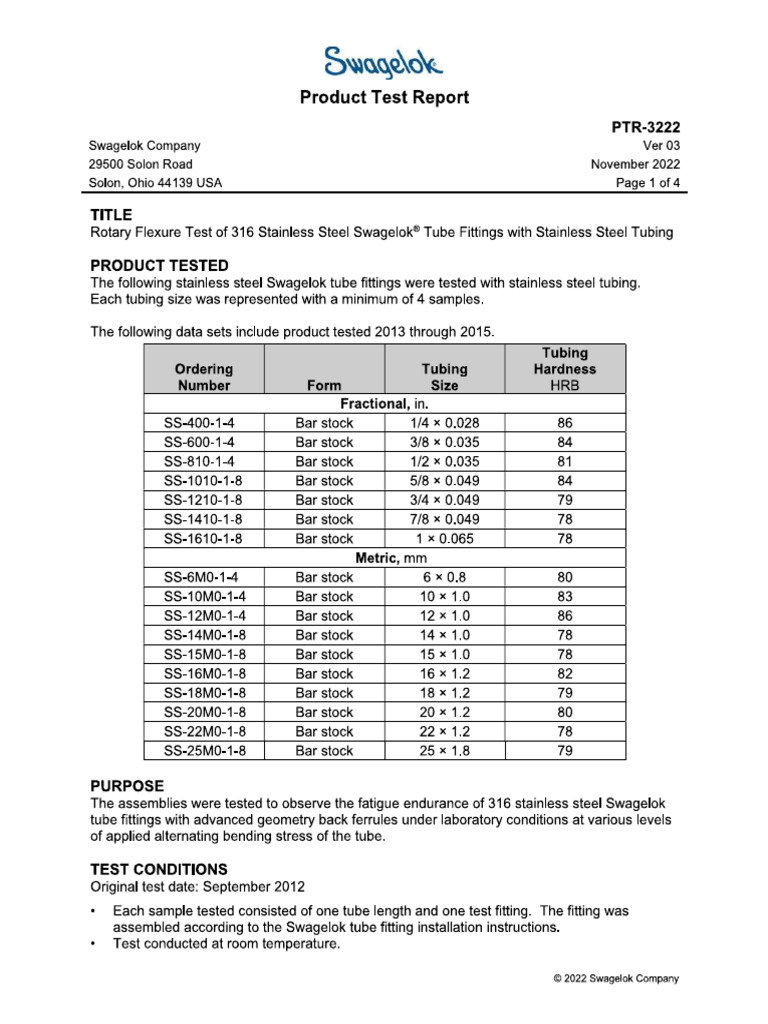 PTR-3222 Rotary Flexure Test of 316 Stainless Steel Swagelok® Tube ...