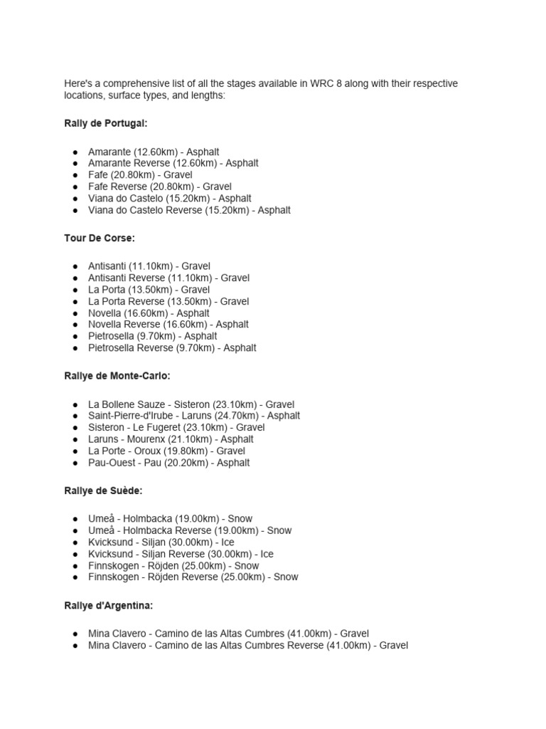 WRC 8 Stages List | PDF | Auto Racing | Motorsport