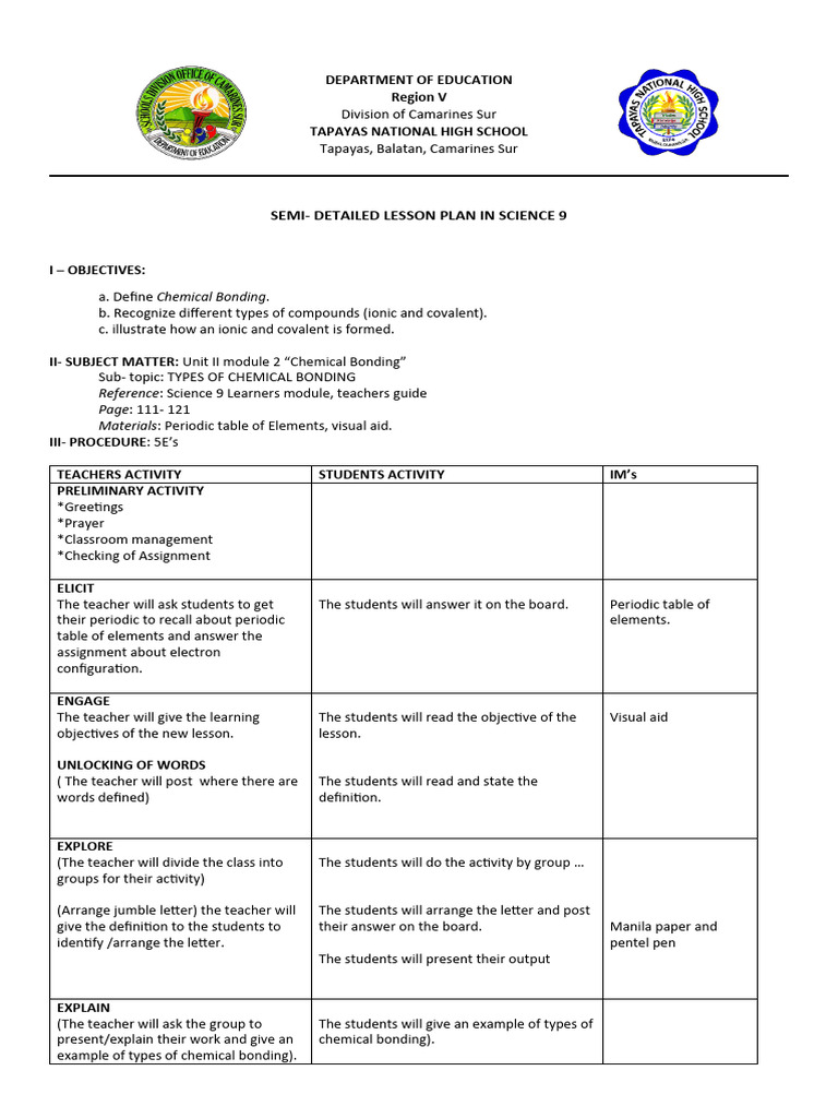 chemical bonding semi detailed lesson p[lan | PDF