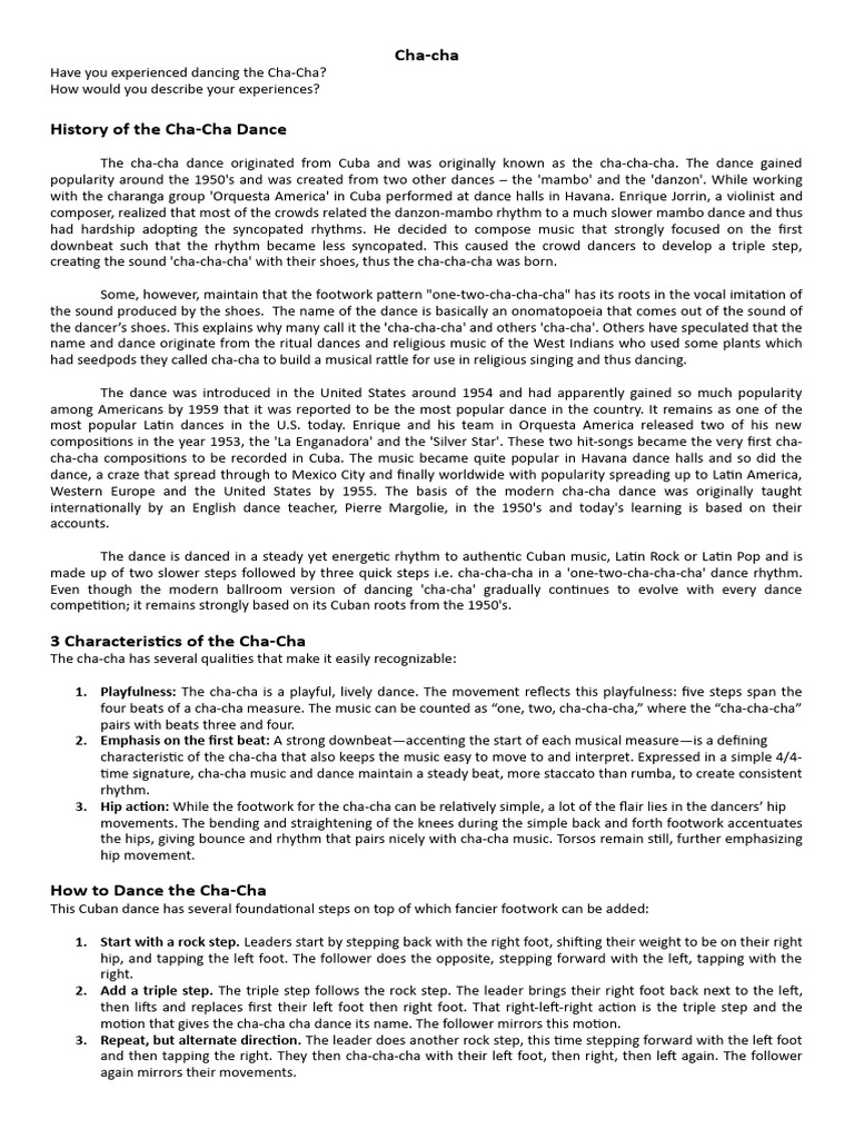 Cha Cha | PDF | Entertainment | Competitive Dance