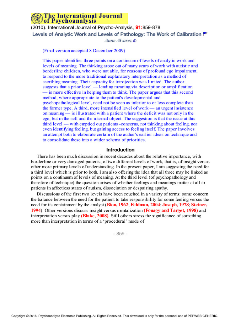 Alvarez Anne-Levels of Analytic Works | PDF | Psychoanalysis | Thought