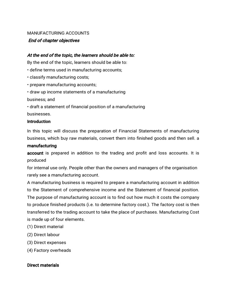 Manufacturing Accounts Notes | PDF