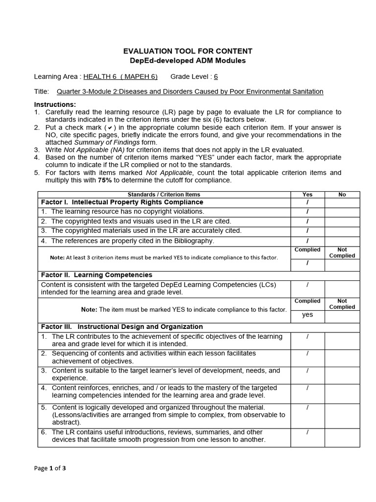 Content Evaluation Q3 M 2 Health 6 | PDF | Learning | Instructional Design