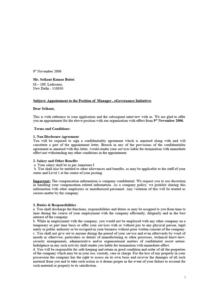 Appointment Letter Format | PDF | Employment | Trade Secret