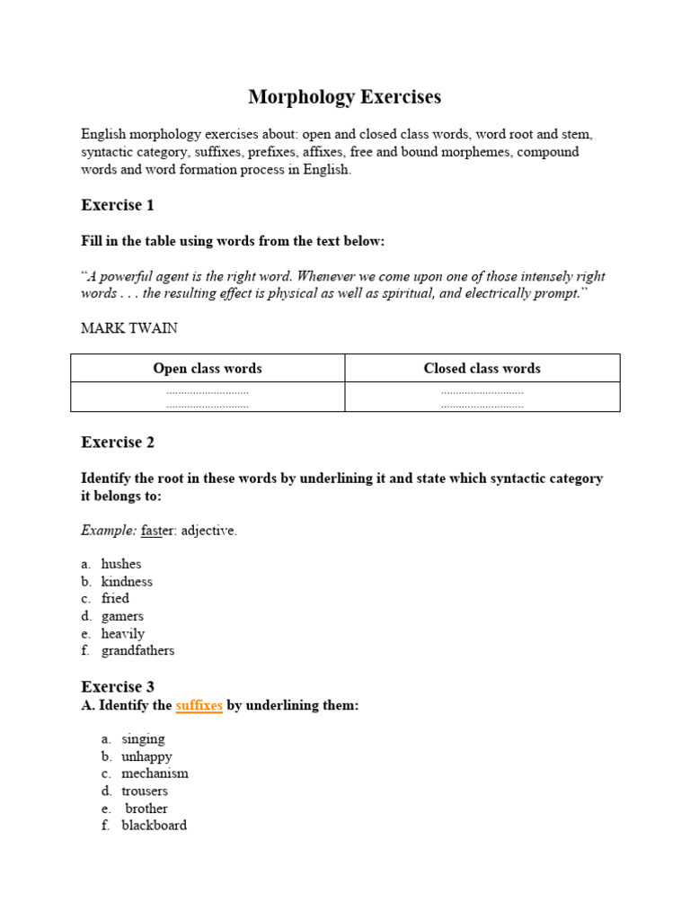 Morphology Exercises | PDF | Word | Morphology (Linguistics)