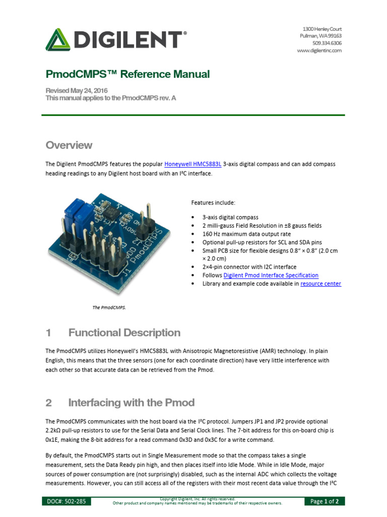 PmodCMPS Manual HMC5883 | PDF | Computer Engineering | Computing