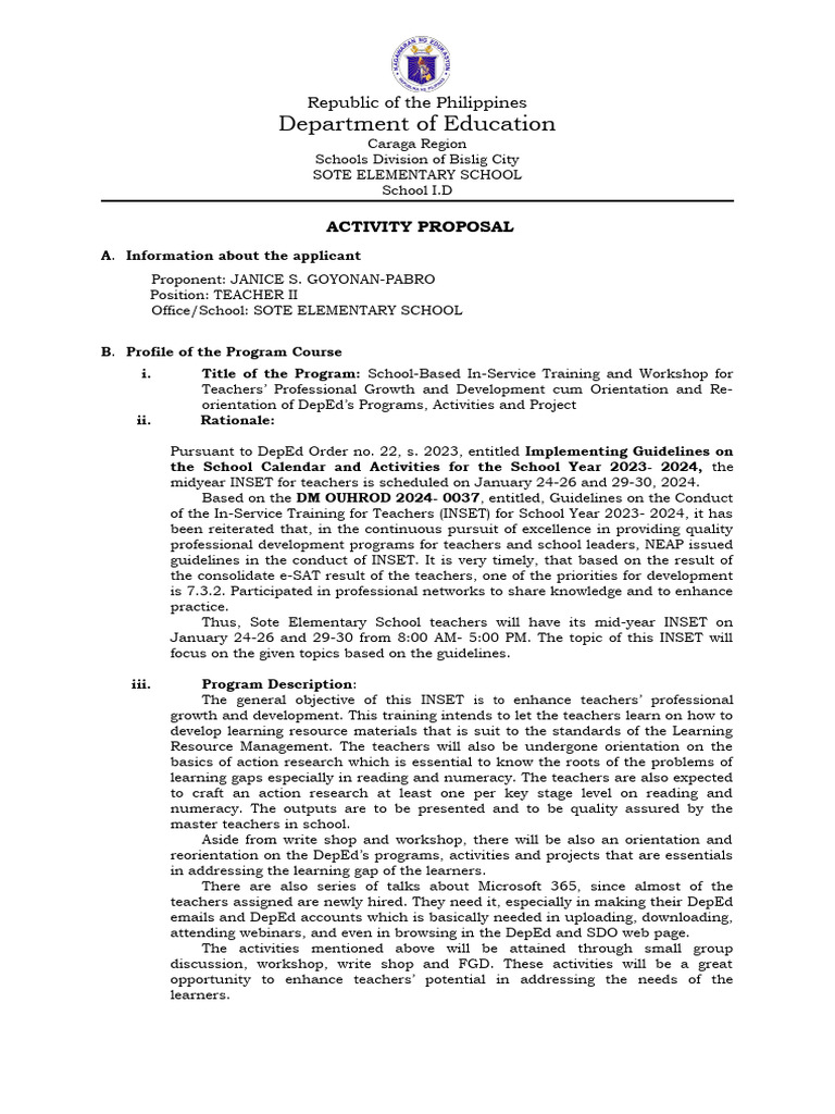 Updated Activity Design Template or Proposal 2023 | PDF | Teachers | Learning