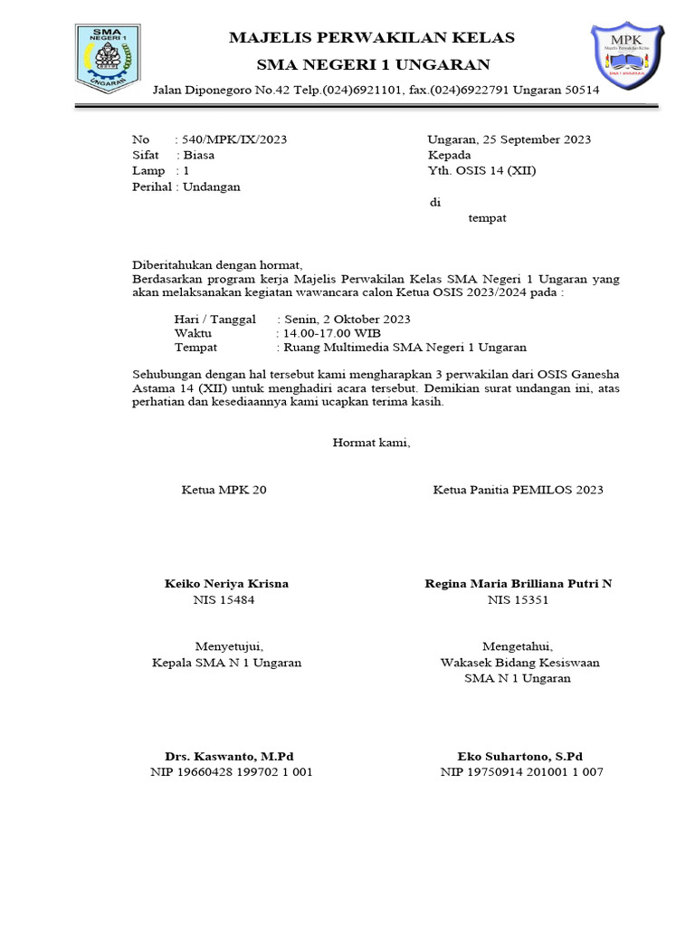 Surat Undangan WWC Guru - PEMILOS OSIS 14 | PDF