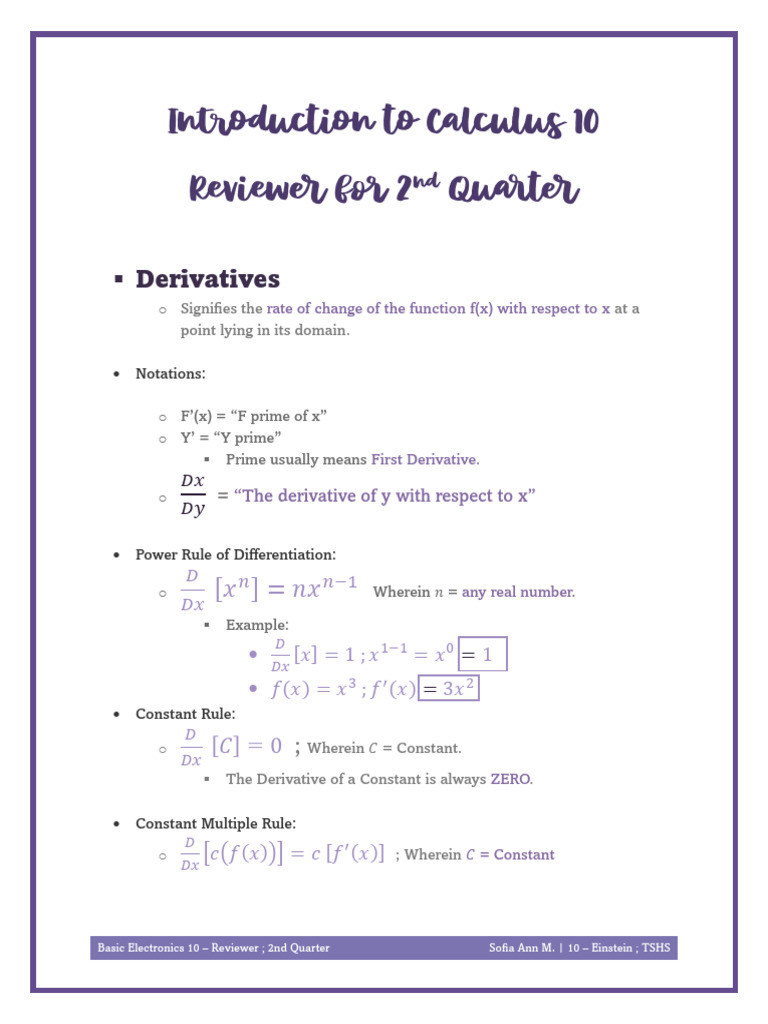 Introduction To Calculus 10 Reviewer | PDF | Derivative | Subtraction