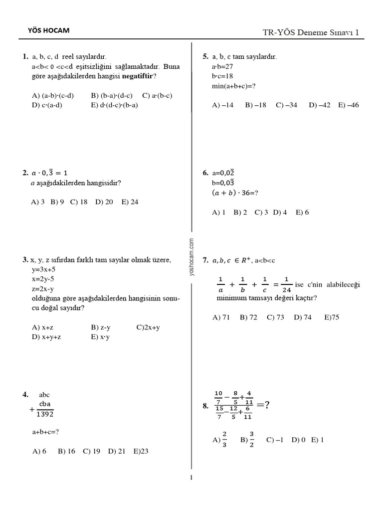 TR-YOS Deneme 1 | PDF