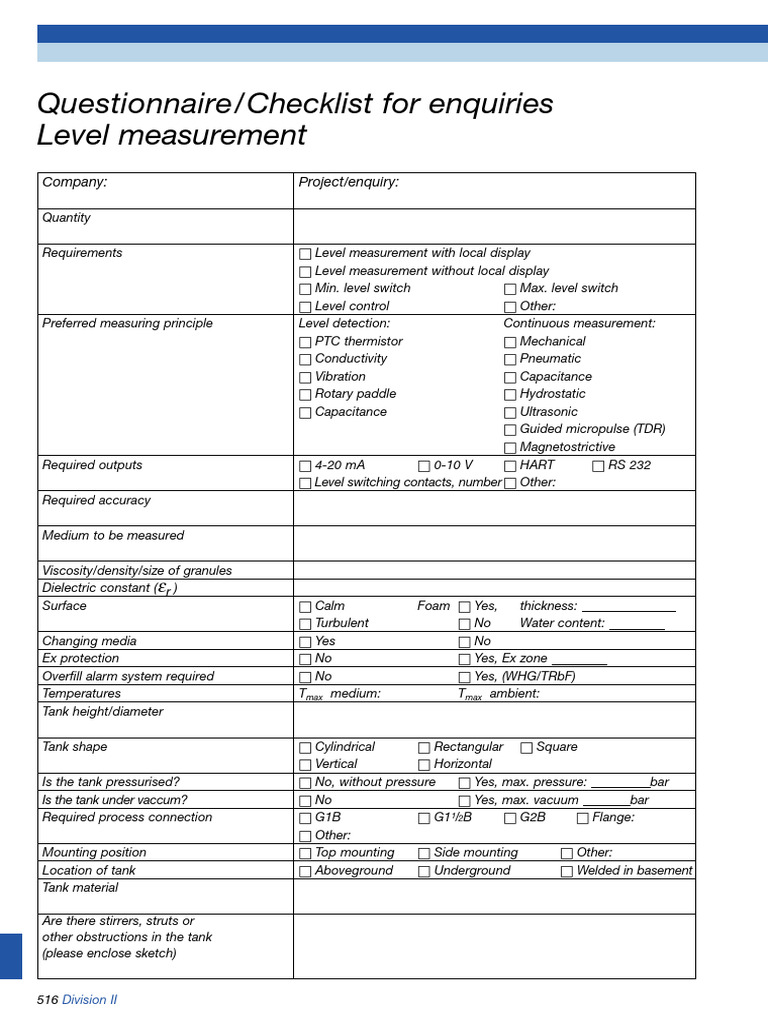 Checklist For Enquiries Level Measurement | Download Free PDF | Applied ...