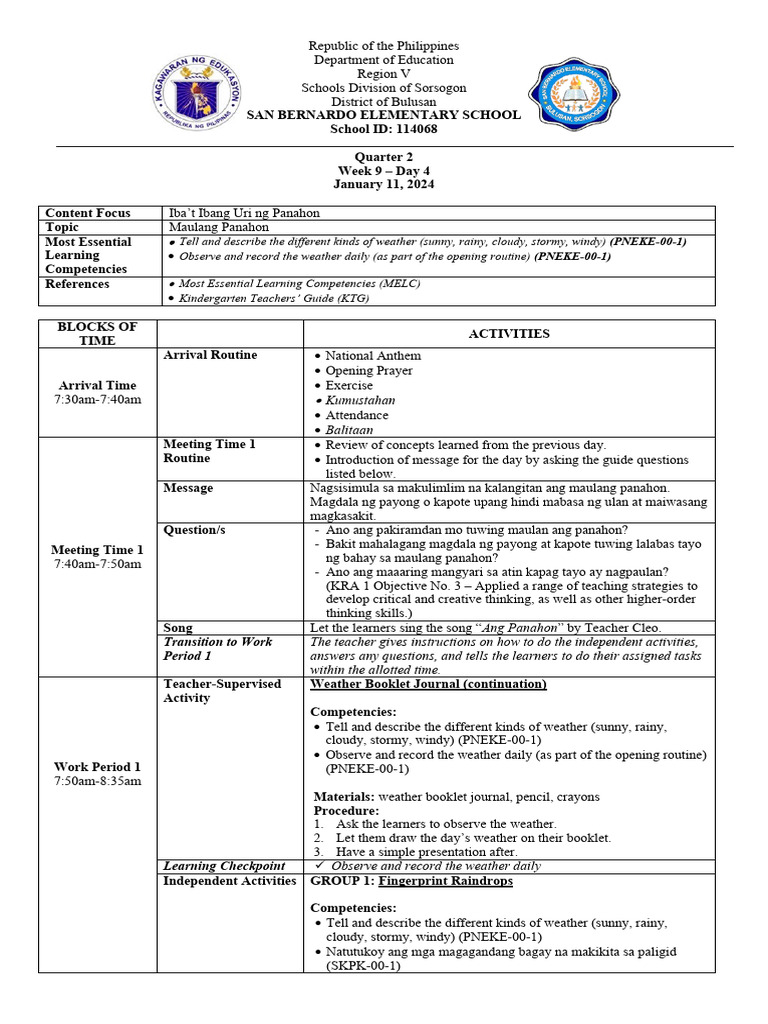 Lesson Plan Kindergarten Week 9 Quarter 2 | PDF | Literacy | Teachers