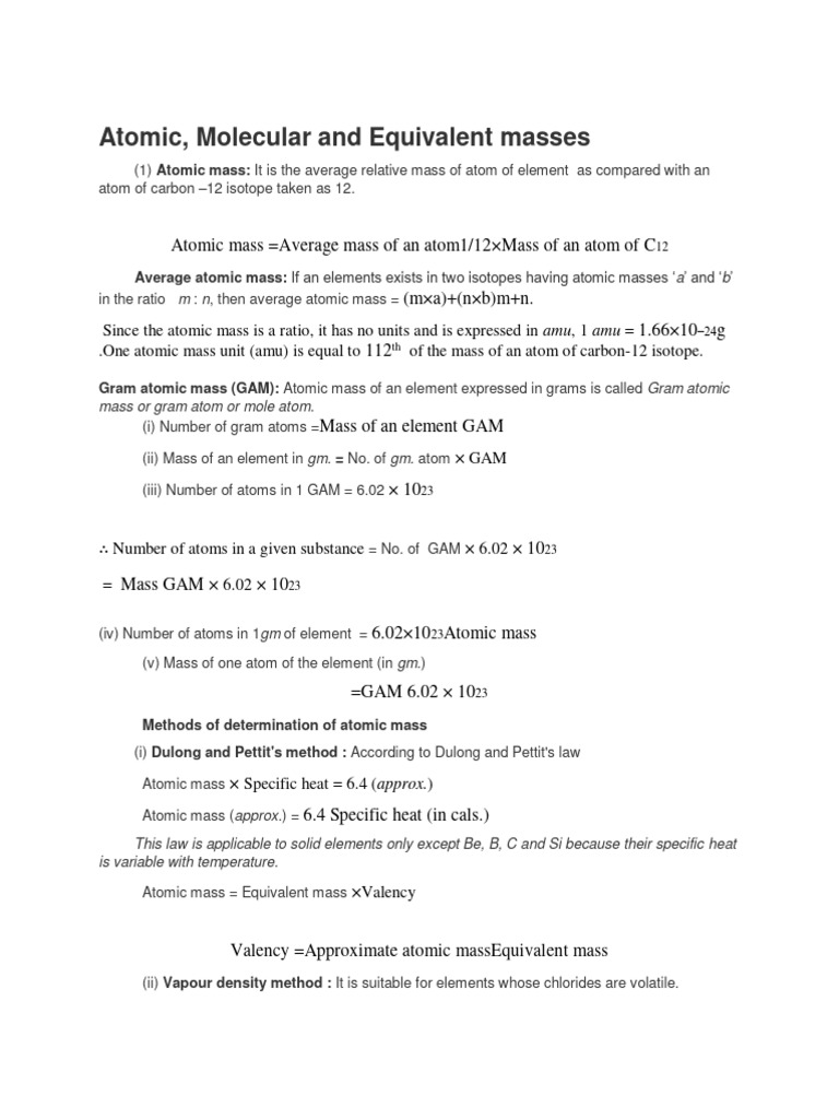 JEE - Chemistry - Atoms, Molecules & Chemical Arithmetic - Atomic, Molecular and Equivalent ...