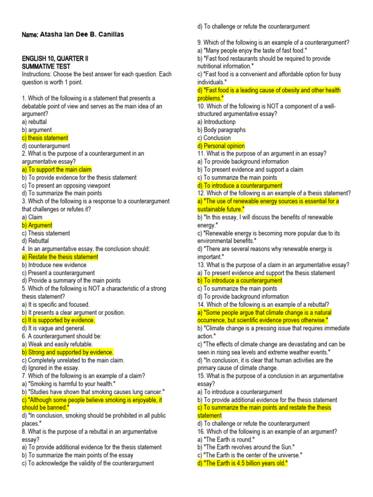 Argumentative Essay Test Overview | PDF | Essays | Argument
