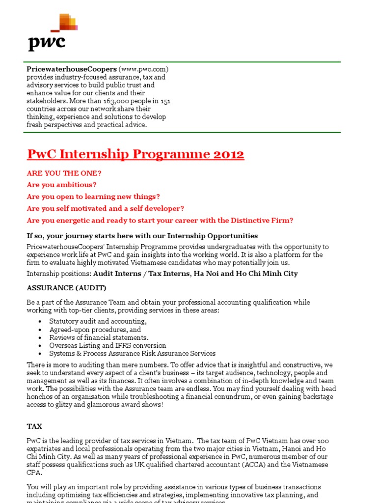 PWC Internship Programme 2012 | PDF | Pricewaterhouse Coopers | Accounting