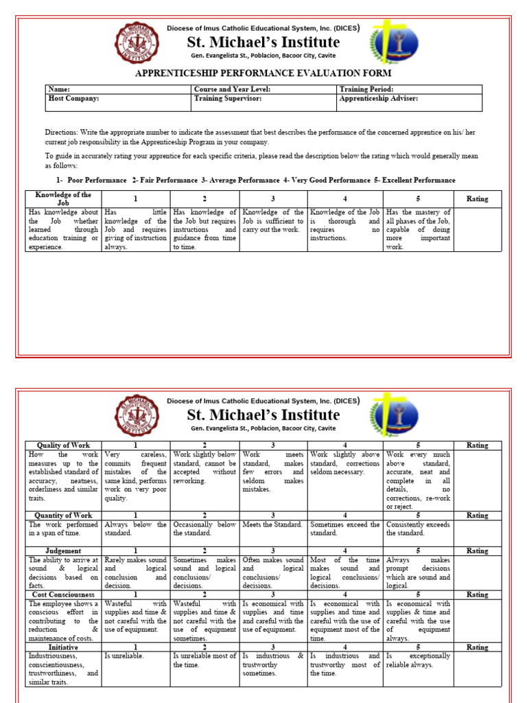 Smi Apprenticeship Performance Evaluation Form | PDF | Apprenticeship ...