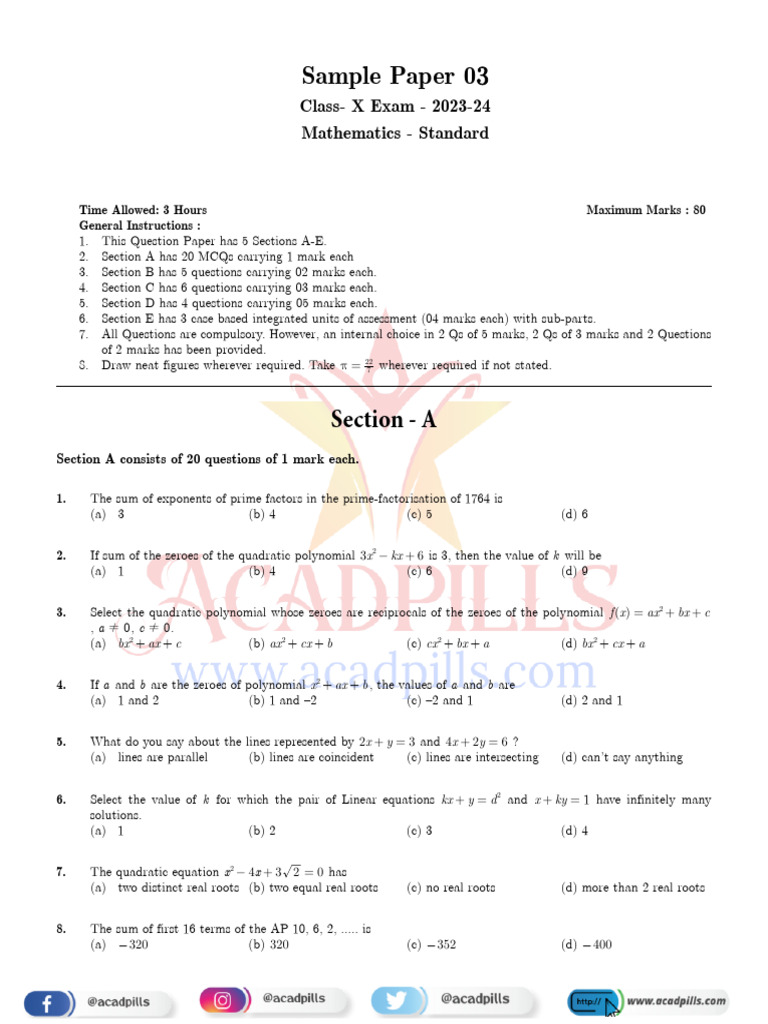 Maths Standard Exclusive Sample Papers | PDF | Quadratic Equation ...