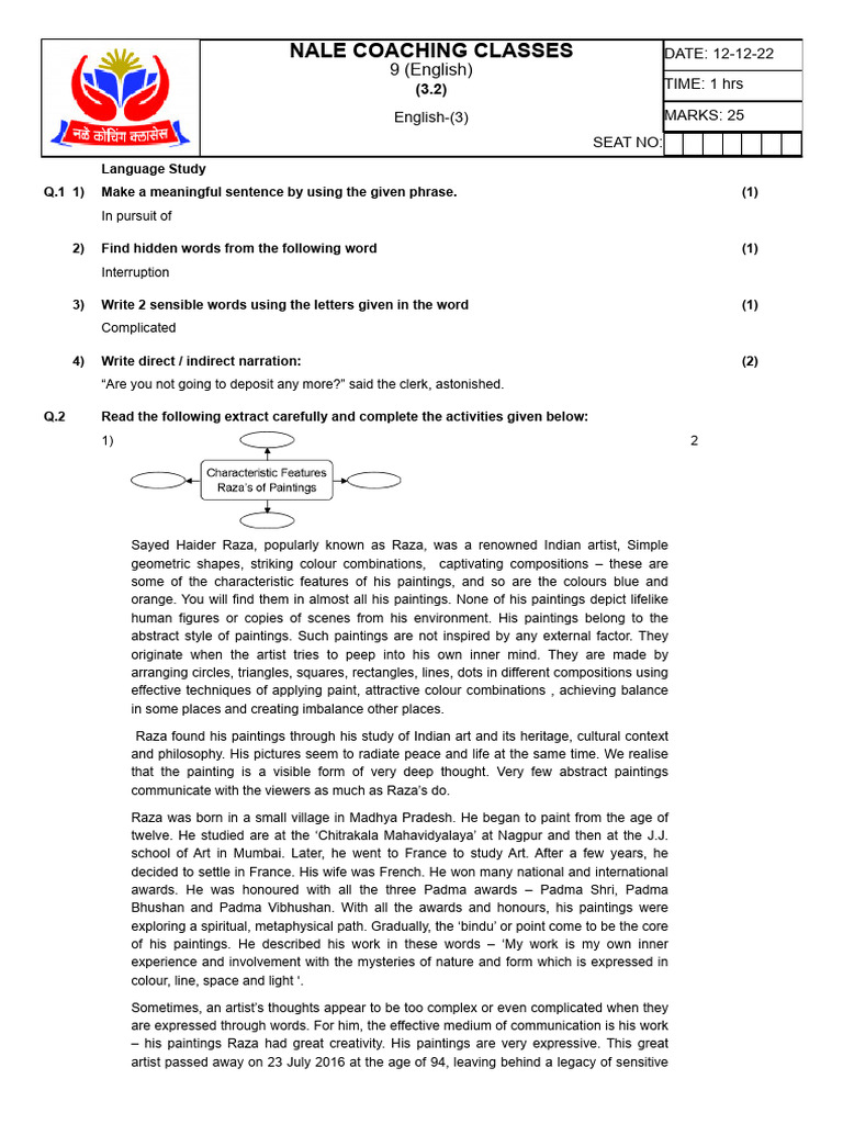 9th Eng 12-12-22question Paper | PDF | Language Arts & Discipline | Foreign Language Studies