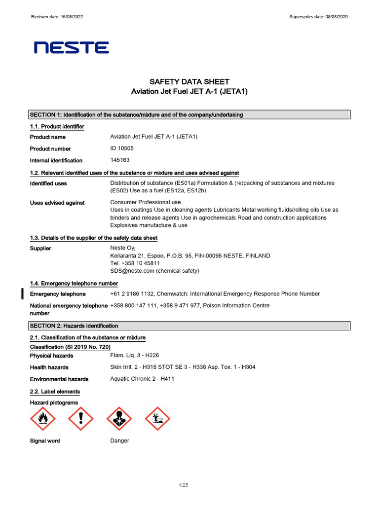 Safety Data Sheet Aviation Jet Fuel JET A-1 (JETA1) : Revision Date: 15/08/2022 Supersedes Date ...
