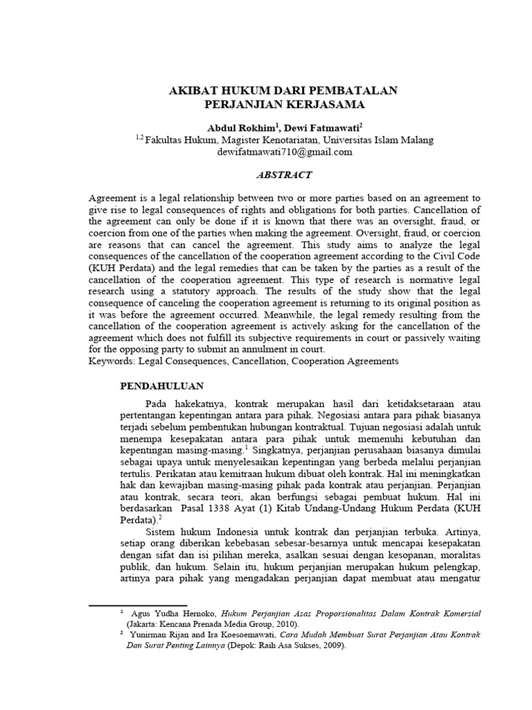 Akibat Hukum Pembatalan Perjanjian | PDF