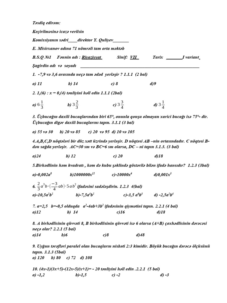 VII Sinif Riyaziyyat | PDF