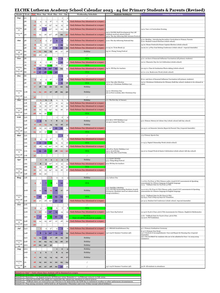 ELCHK Primary School Calendar 2023-24 | PDF