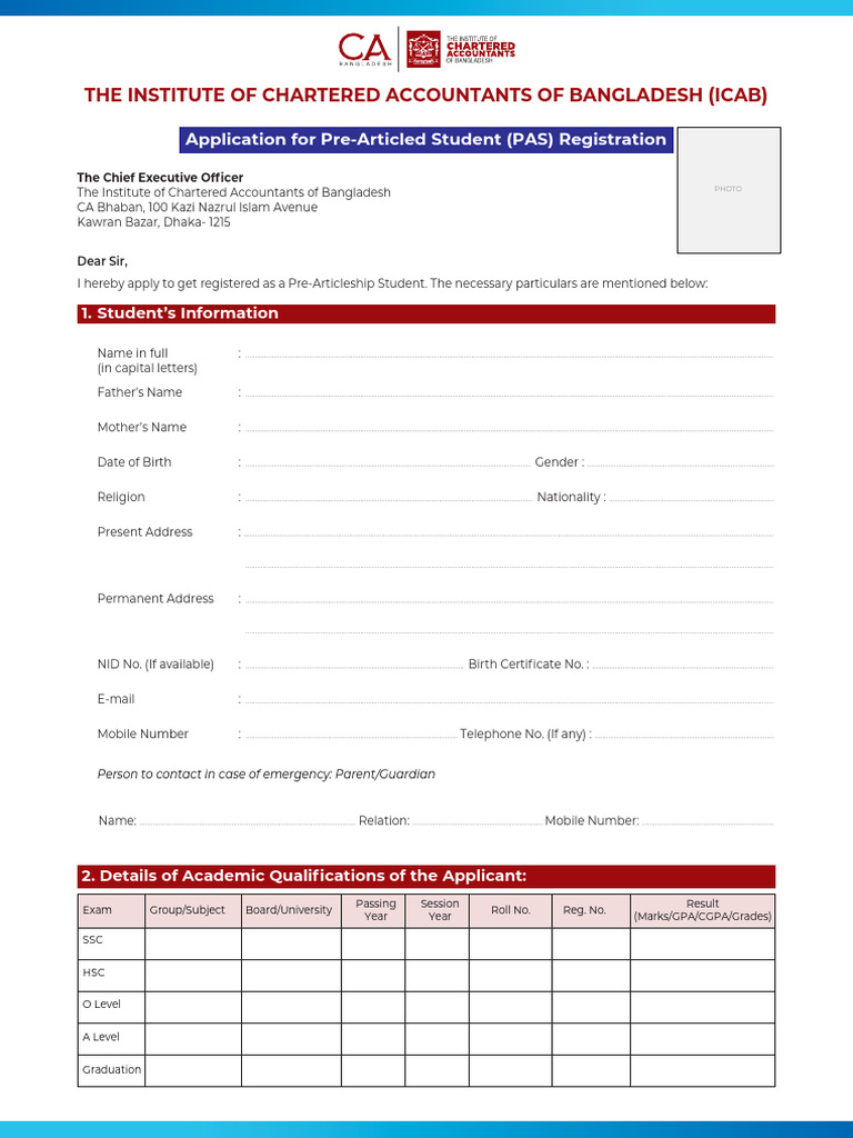 ICAB Pre-Articled Student Registration Form | PDF | Birth Certificate ...