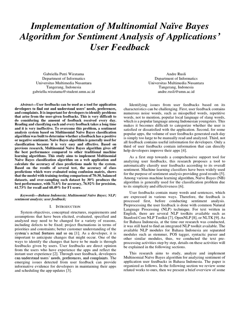 Implementation Of Multinomial Naive Bayes Algorithm For Sentiment Analysis Of Applications User 