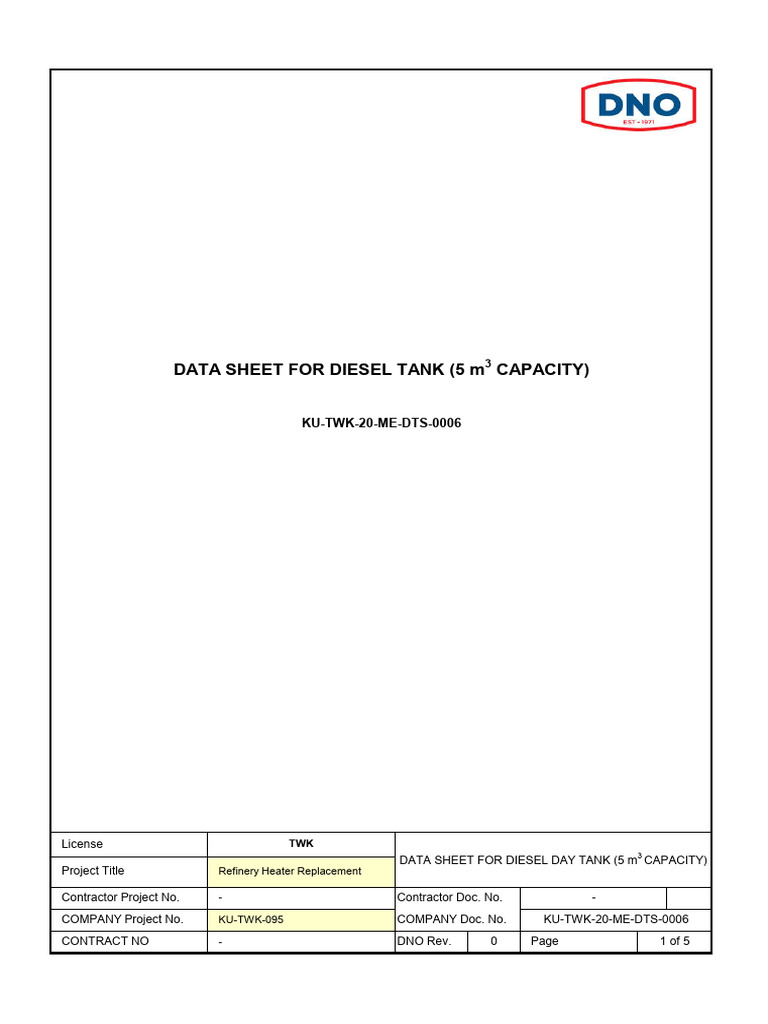 Diesel Day Tank Data Sheet 5m3 | PDF | Mechanical Engineering ...