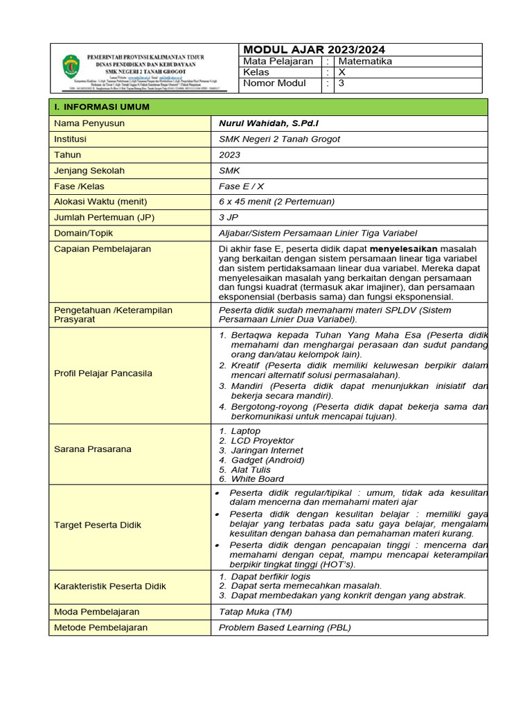 MODUL AJAR - SPLTV - Berdiferensiasi | PDF