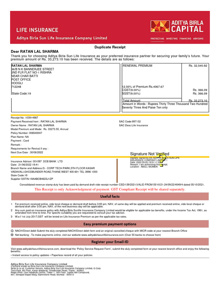 Insurance Receipt for Ratan Sharma | PDF | Life Insurance | Insurance