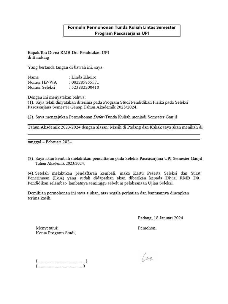 Permohonan Tunda Kuliah Pascasarjana UPI | PDF