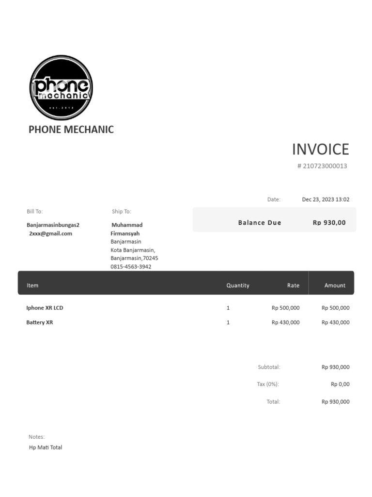 Invoice Phone Mechanic 2 | PDF