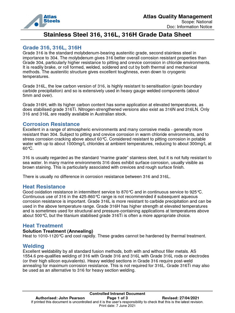 Stainless Steel 316, 316L, 316H Data Sheet | PDF | Stainless Steel ...