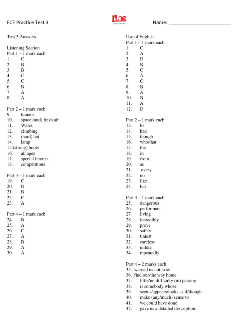 FCE Practice Test 3 Answer Key | PDF