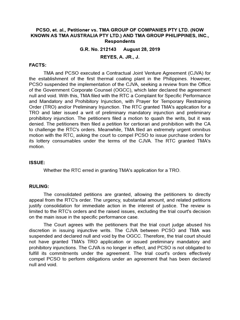 TMA Group vs. PCSO: TRO Dispute | PDF | Law