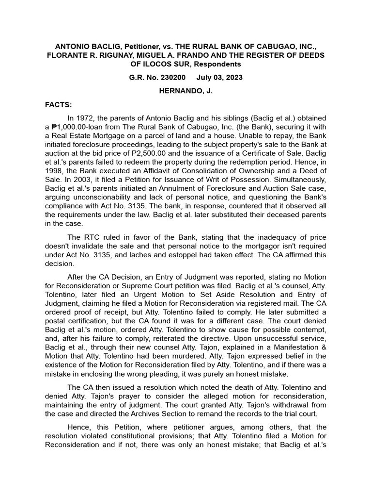 Baclig vs. Rural Bank: Foreclosure Case Ruling | PDF | Foreclosure ...