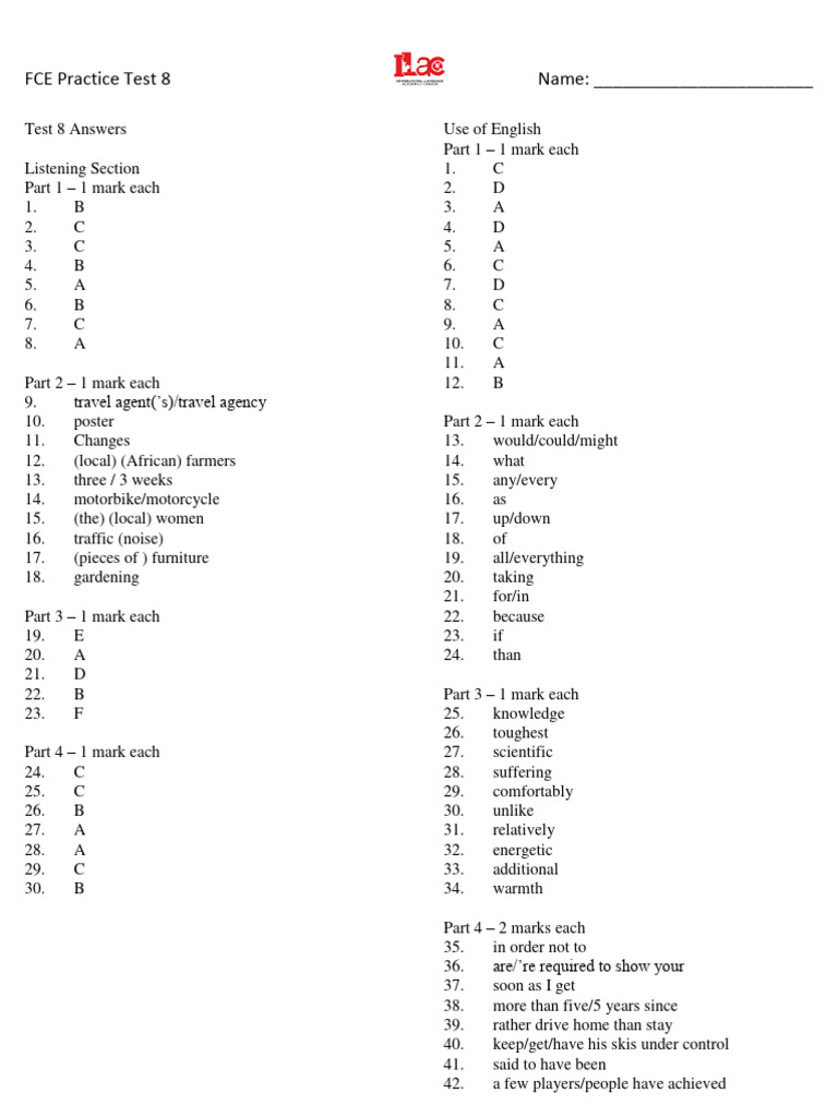 FCE Practice Test 8 Answers | PDF