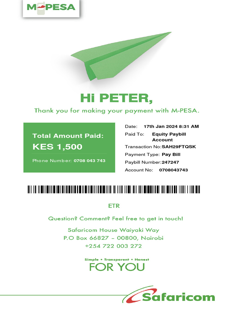 Equity Paybill Payment Receipt | PDF