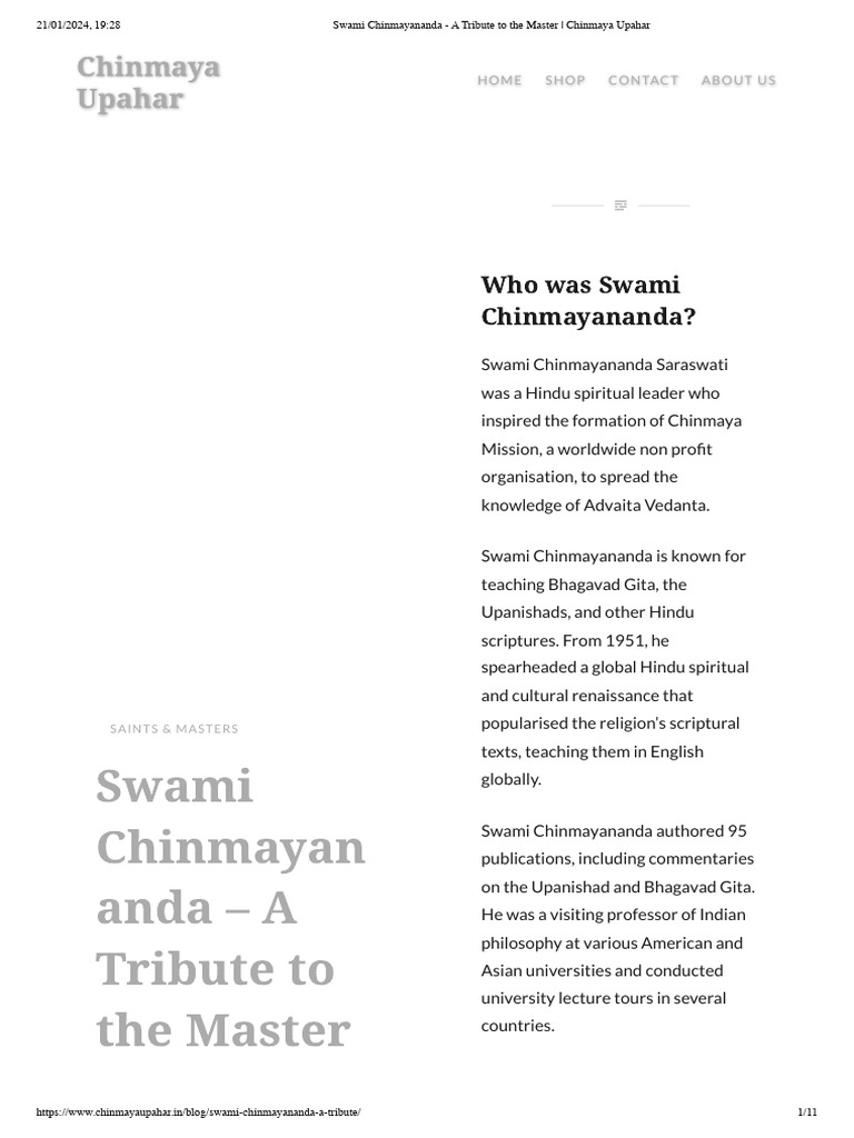 Swami Chinmayananda - A Tribute To The Master - Chinmaya Upahar ...