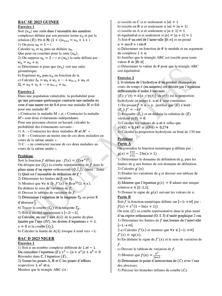 Sujet Bac 2023 Guinee Niger Maths | PDF | Tangente (géométrie) | Limite (mathématiques)