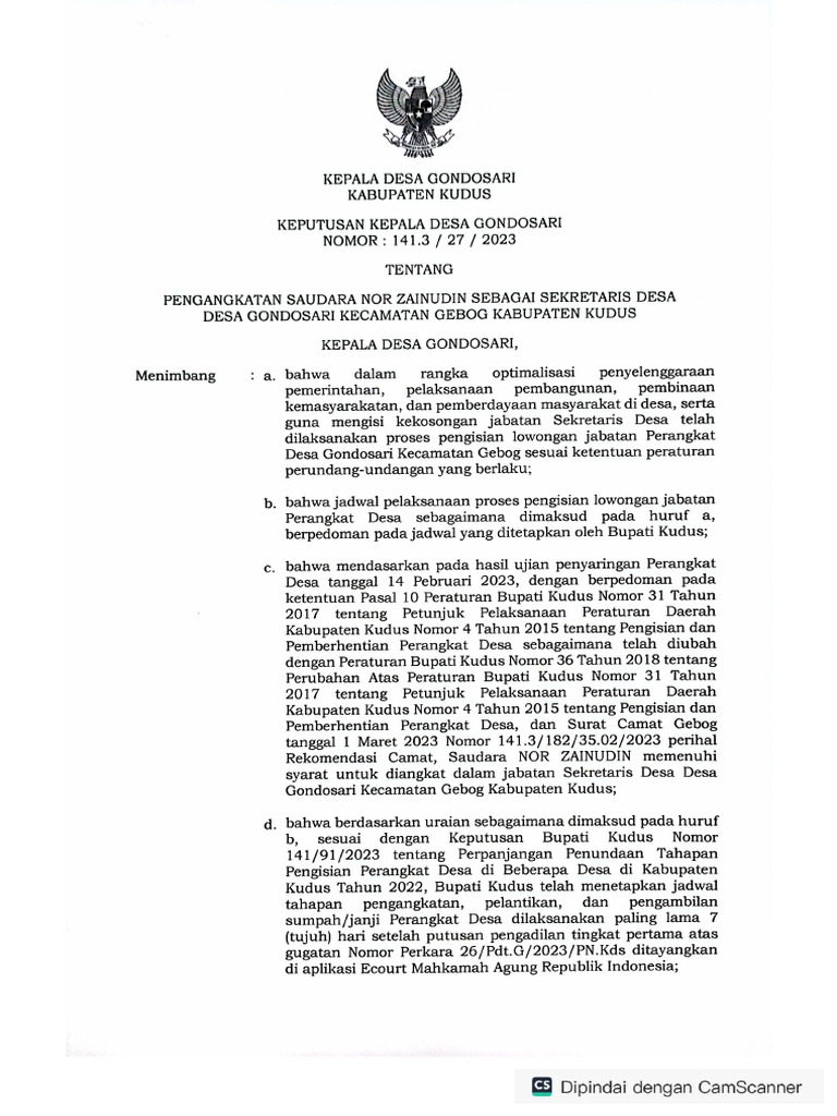 SK Pengangkatan Sekdes Gondosari 2023 | PDF